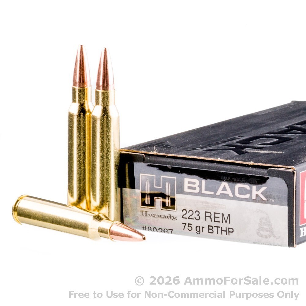 200 Rounds of 75gr BTHP Match .223 Ammo For Sale by Hornady