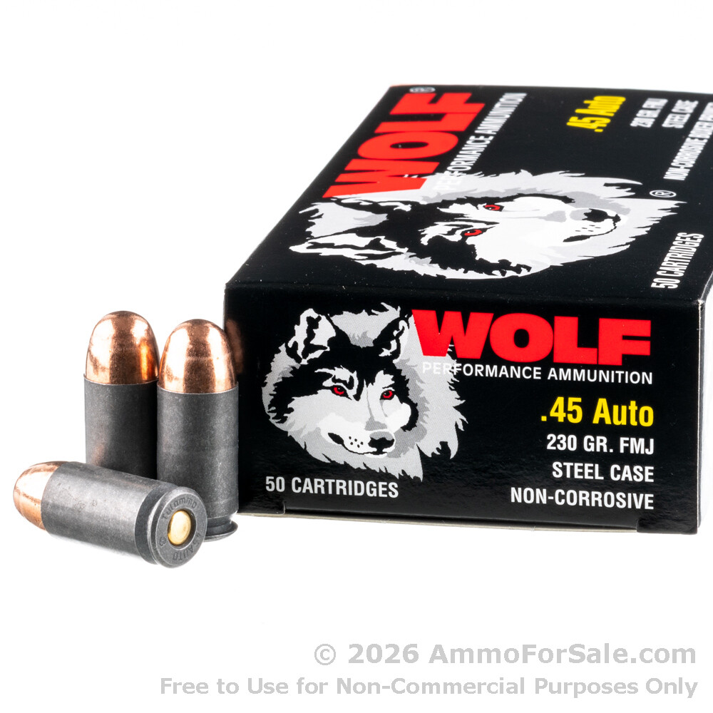 500 Rounds of 230gr FMJ .45 ACP Ammo For Sale by Wolf