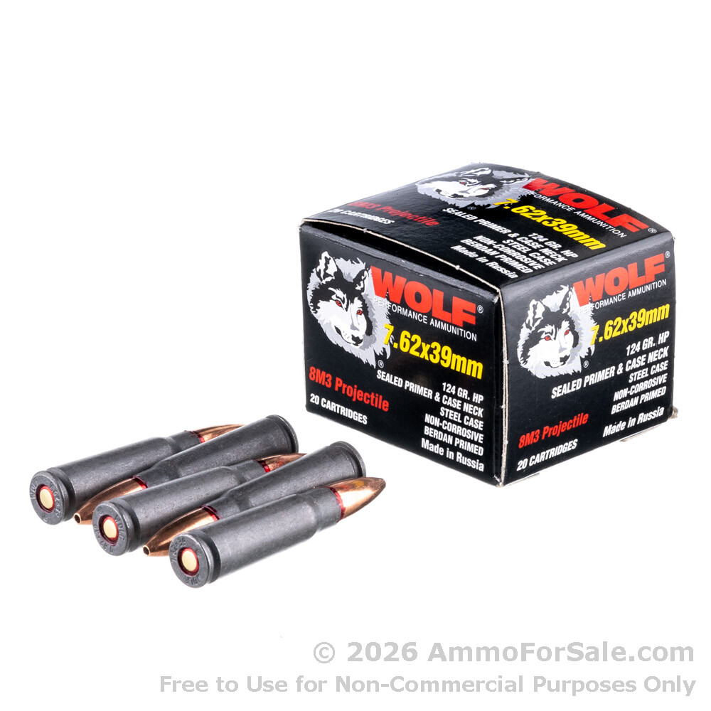 1000 Rounds of Discount 124gr HP 8M3 7.62x39 Ammo For Sale by Wolf