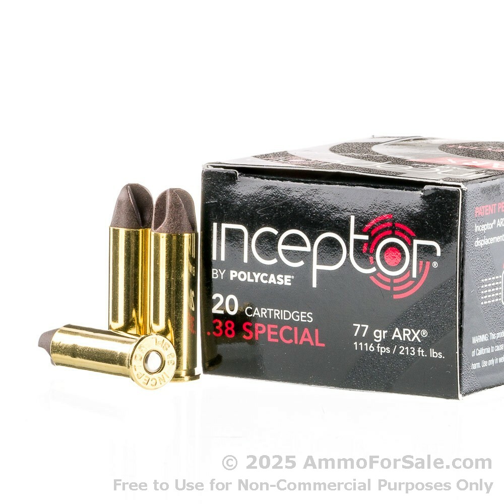 20 Rounds of Discount 77gr ARX .38 Spl Ammo For Sale by Polycase Inceptor
