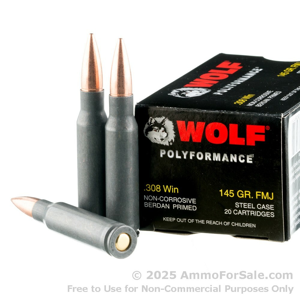 20 Rounds of Discount 145gr FMJ .308 Win Ammo For Sale by Wolf Poly
