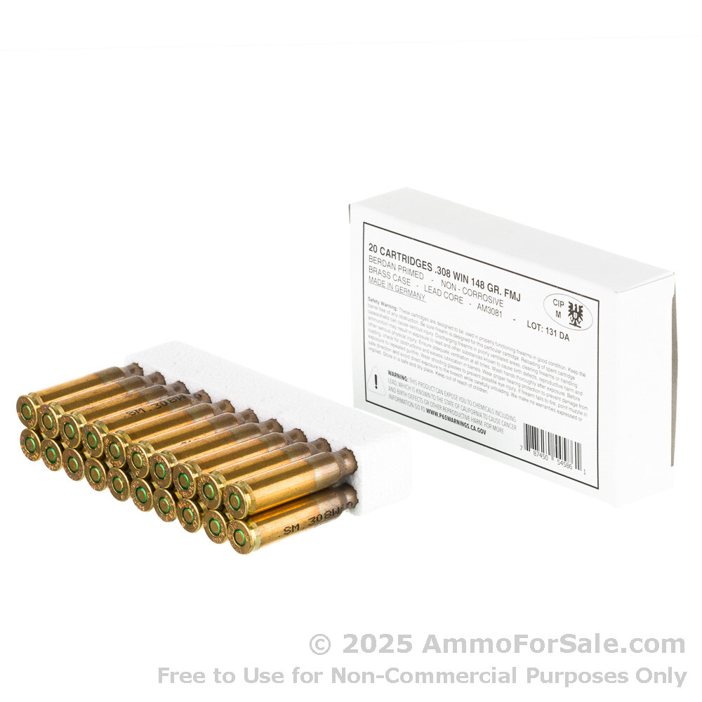 20 Rounds of Discount 148gr FMJ .308 Win Ammo For Sale by German ...
