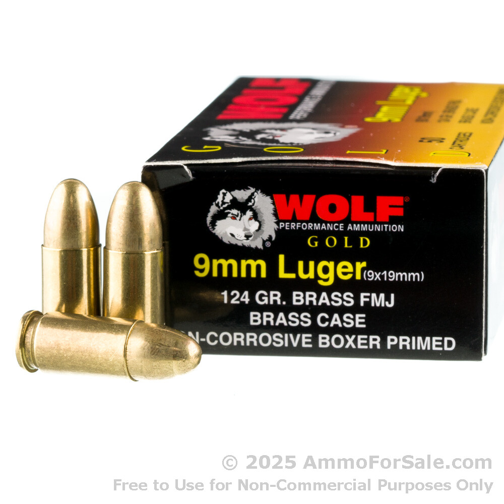 50 Rounds of Discount 124gr FMJ 9mm Ammo For Sale by Wolf