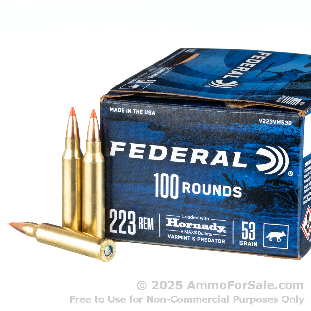 100 Rounds of Discount 53gr V-MAX .223 Ammo For Sale by Federal