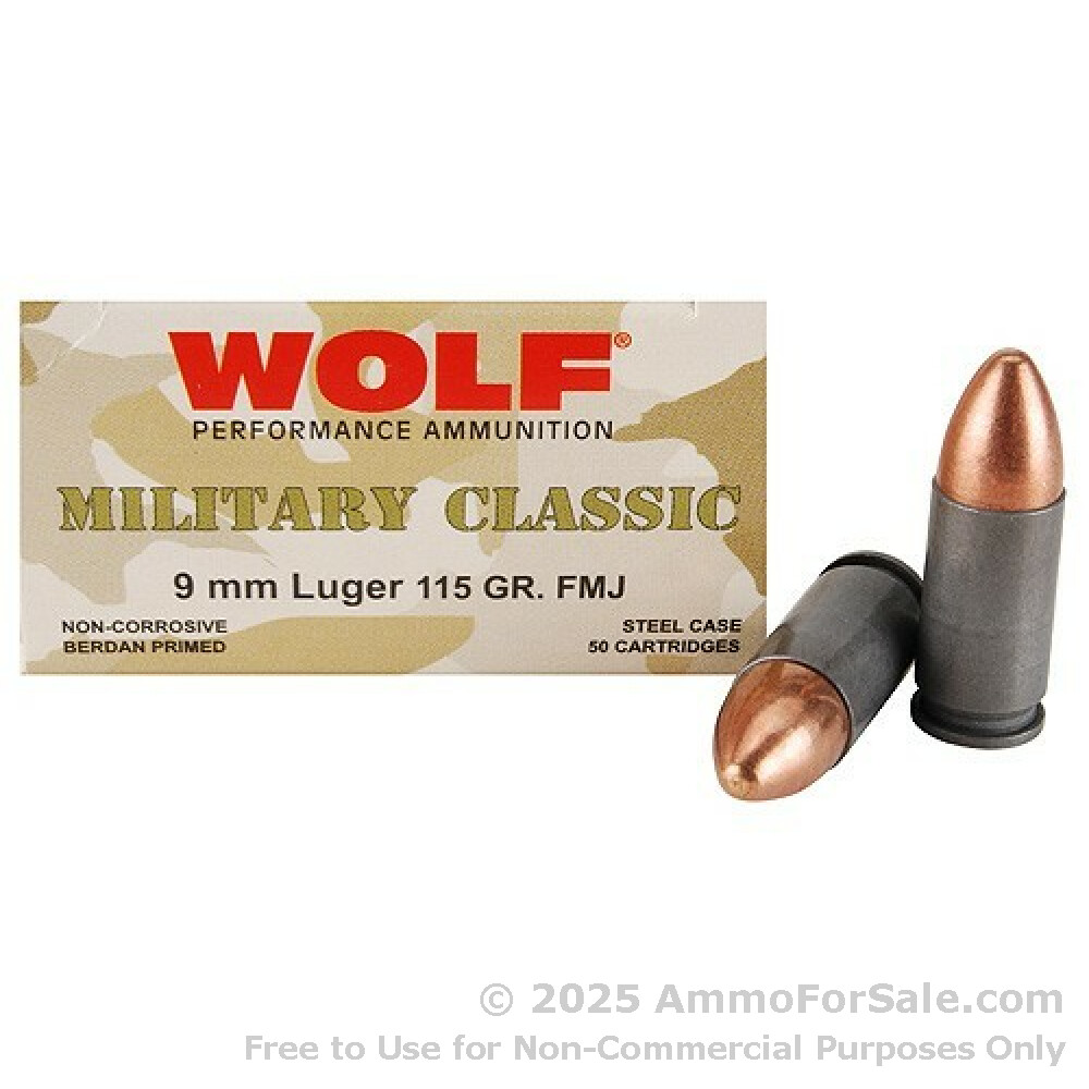 1000 Rounds of 115gr FMJ 9mm Ammo by Wolf Military Classic