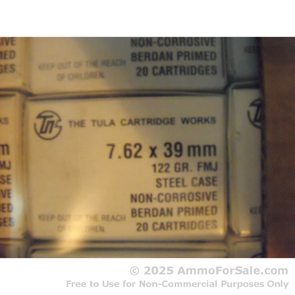 20 Rounds of 122gr FMJ 7.62x39mm Ammo by Tula White Box