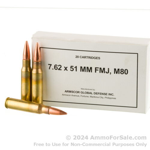 20 Rounds of Discount 147gr FMJ M80 7.62x51 Ammo For Sale by Armscor